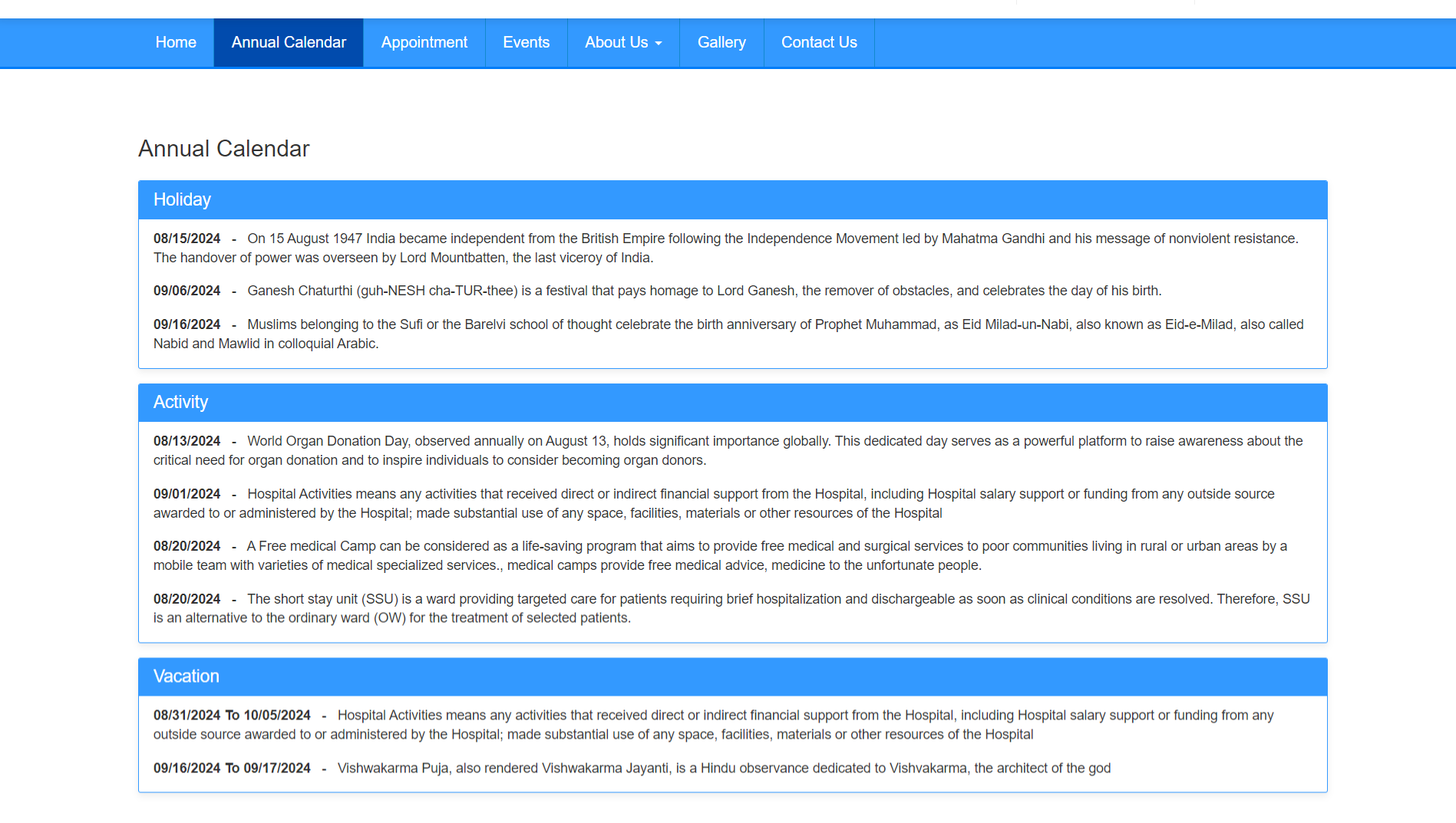How to show annual calendar tab on front site of smart hospital ...