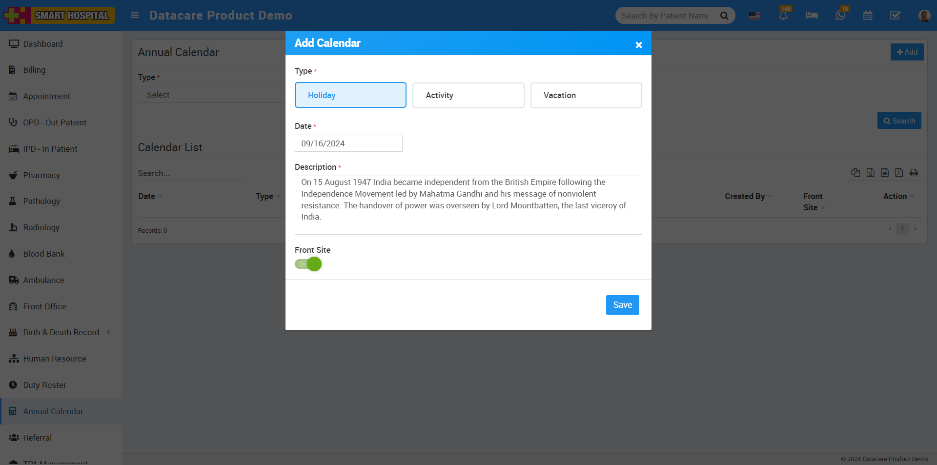 How to add holiday in annual calendar on smart hospital? - Smart ...