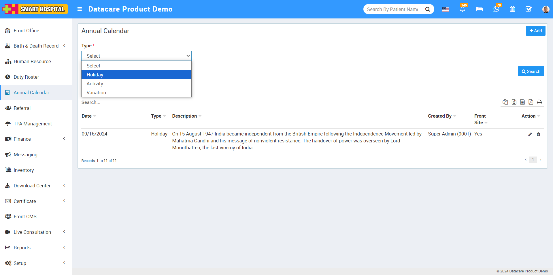 How to add holiday in annual calendar on smart hospital? - Smart ...