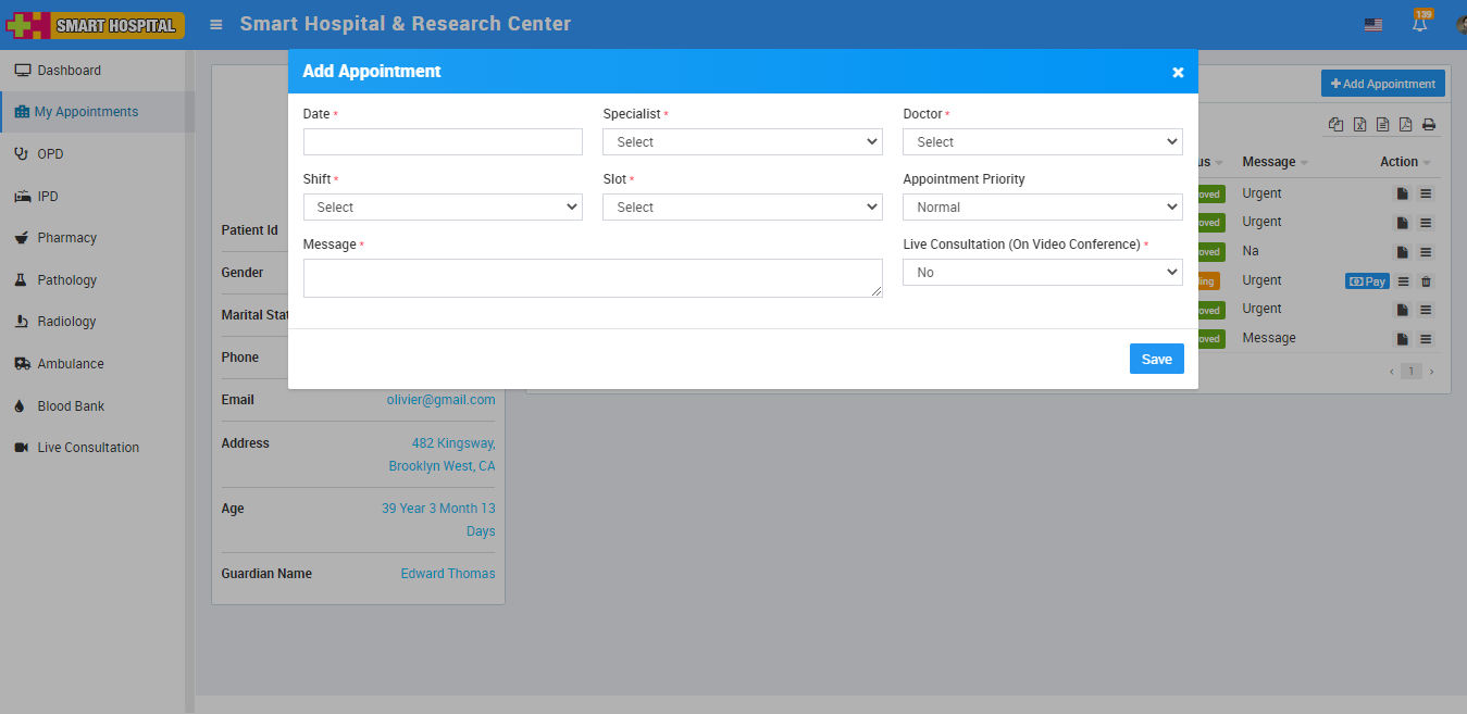 How To Add Appointment From Patient Panel Smart Hospital Hospital 