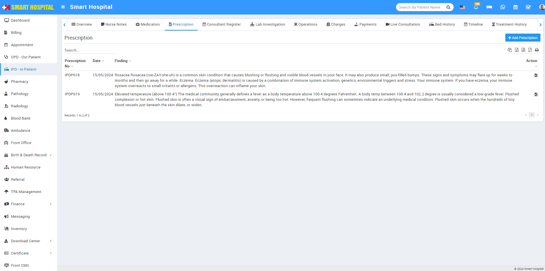 IPD Prescription - Smart Hospital : Hospital Management System by QDOCS