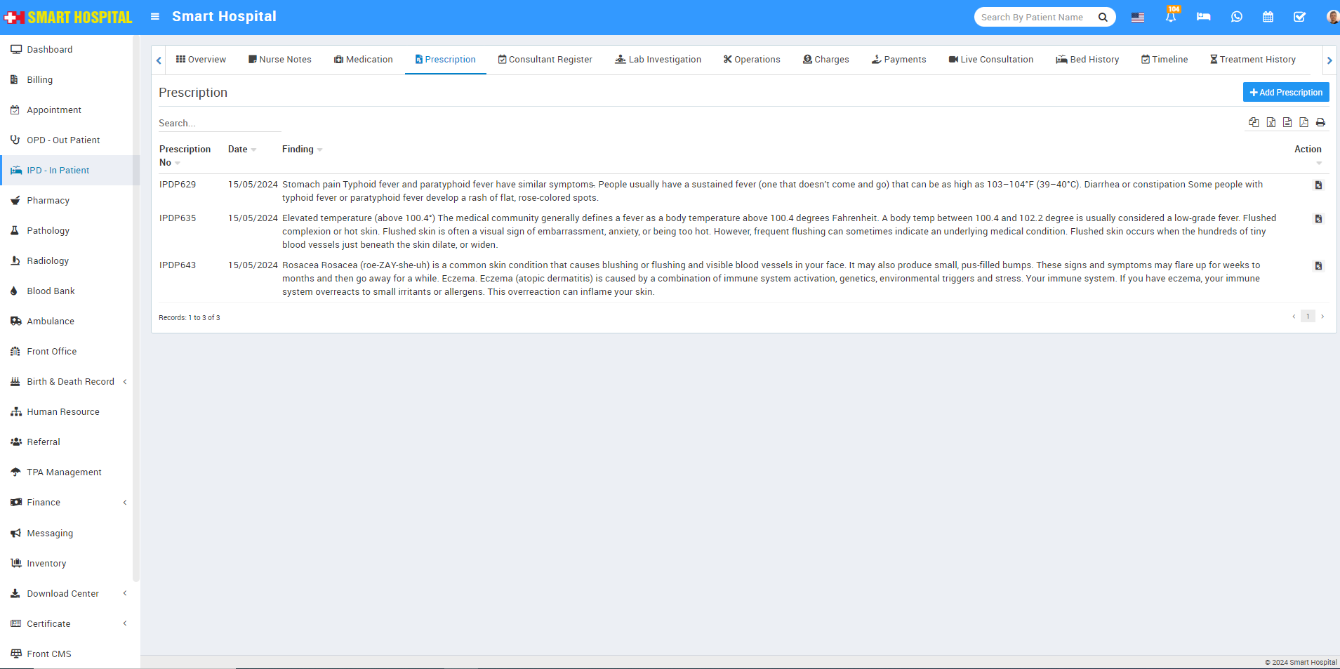 IPD Prescription - Smart Hospital : Hospital Management System by QDOCS